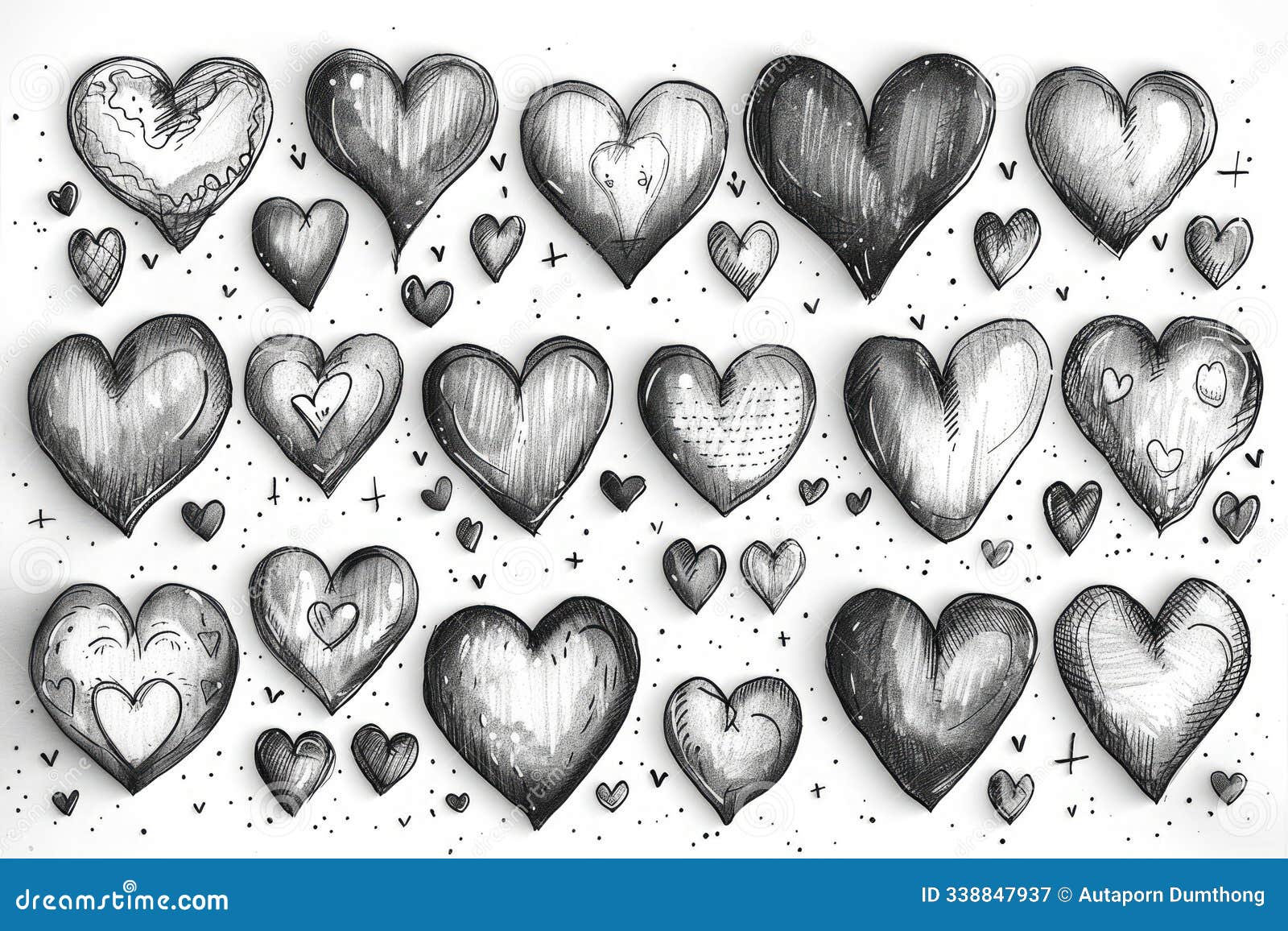The Image is a Black and White Drawing of Multiple Hearts Stock ...