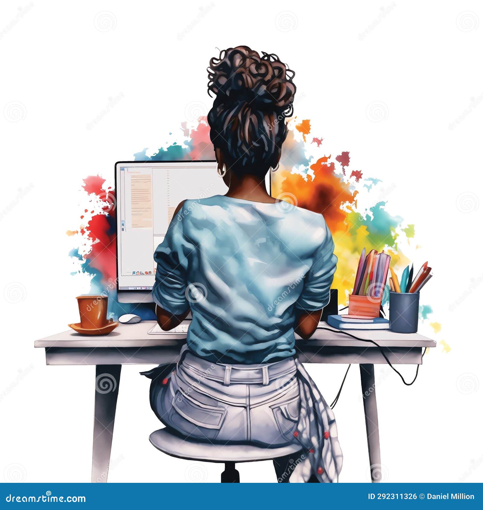 Black Women Working from Her Computer Back View Watercolor Illustration ...
