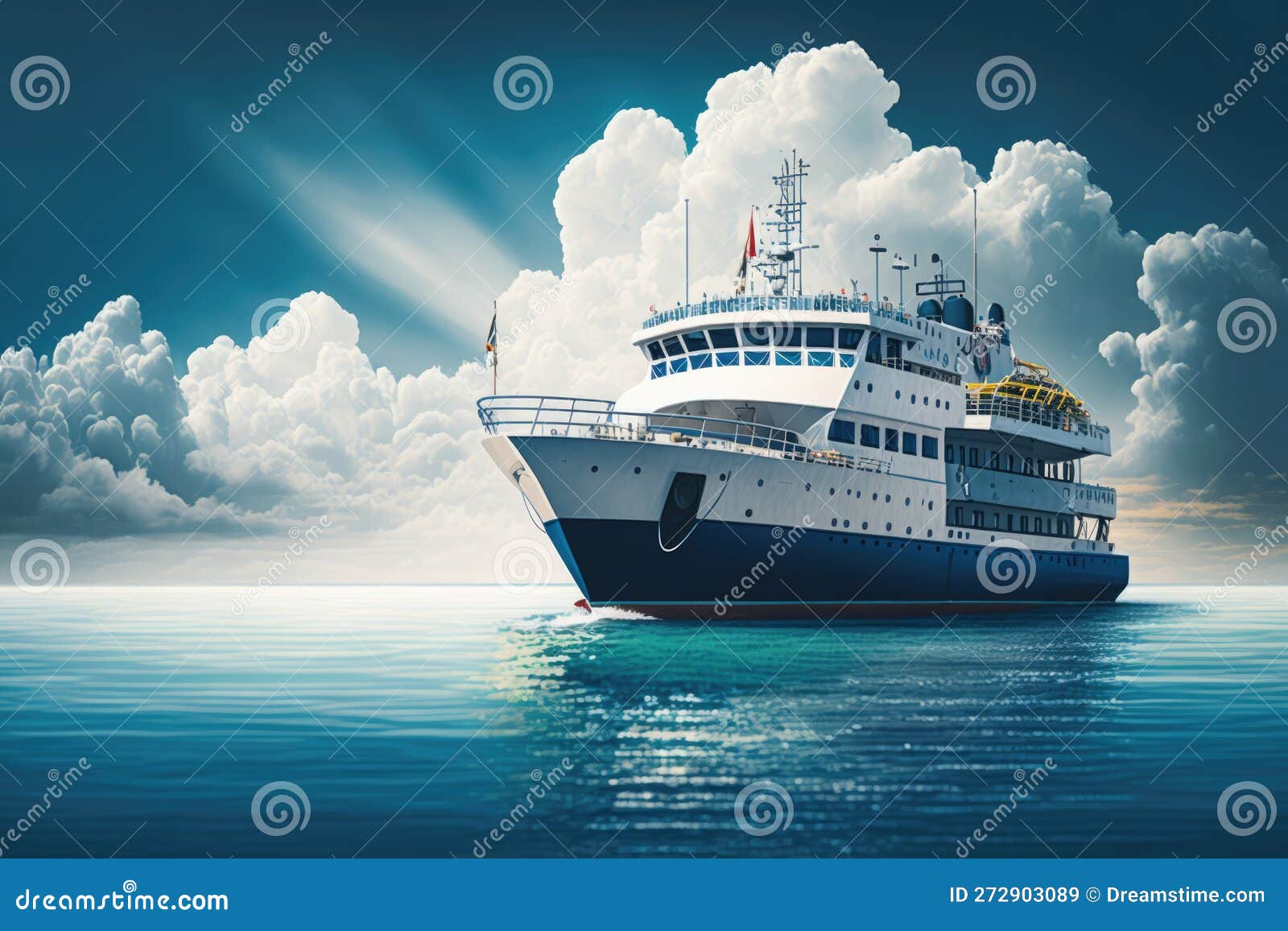 Image of Blue Ferry on Sea Over Blue Sky and Clouds, Created Using ...
