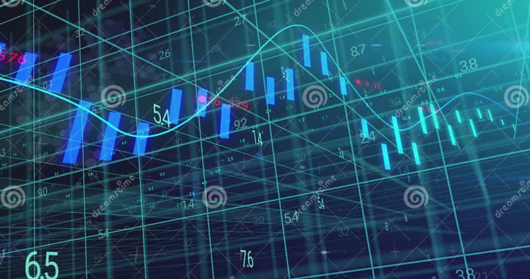 Image of Blue Graph and Processing Data Over 3d Grid on Black ...