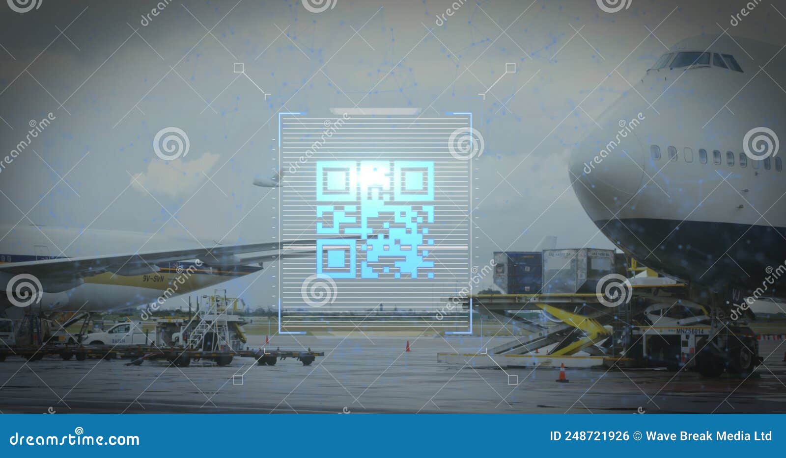 Image of a Blue QR Code Over an Airplane Taking Off Stock Photo - Image ...