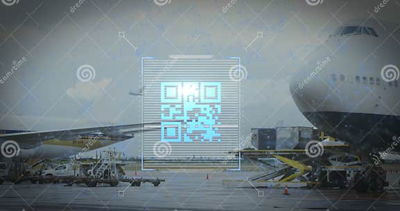 Image of a Blue QR Code Over an Airplane Taking Off Stock Photo - Image ...
