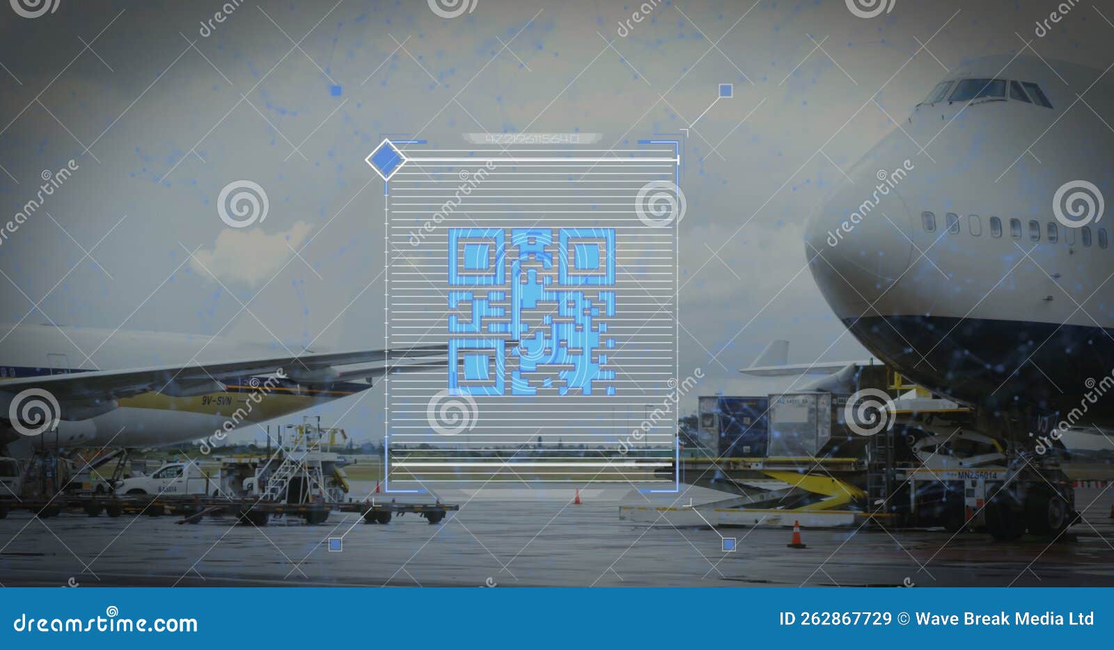 Image of a Blue QR Code Over an Airplane Taking Off Stock Image - Image ...