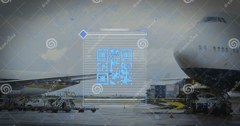 Image of a Blue QR Code Over an Airplane Taking Off Stock Image - Image ...