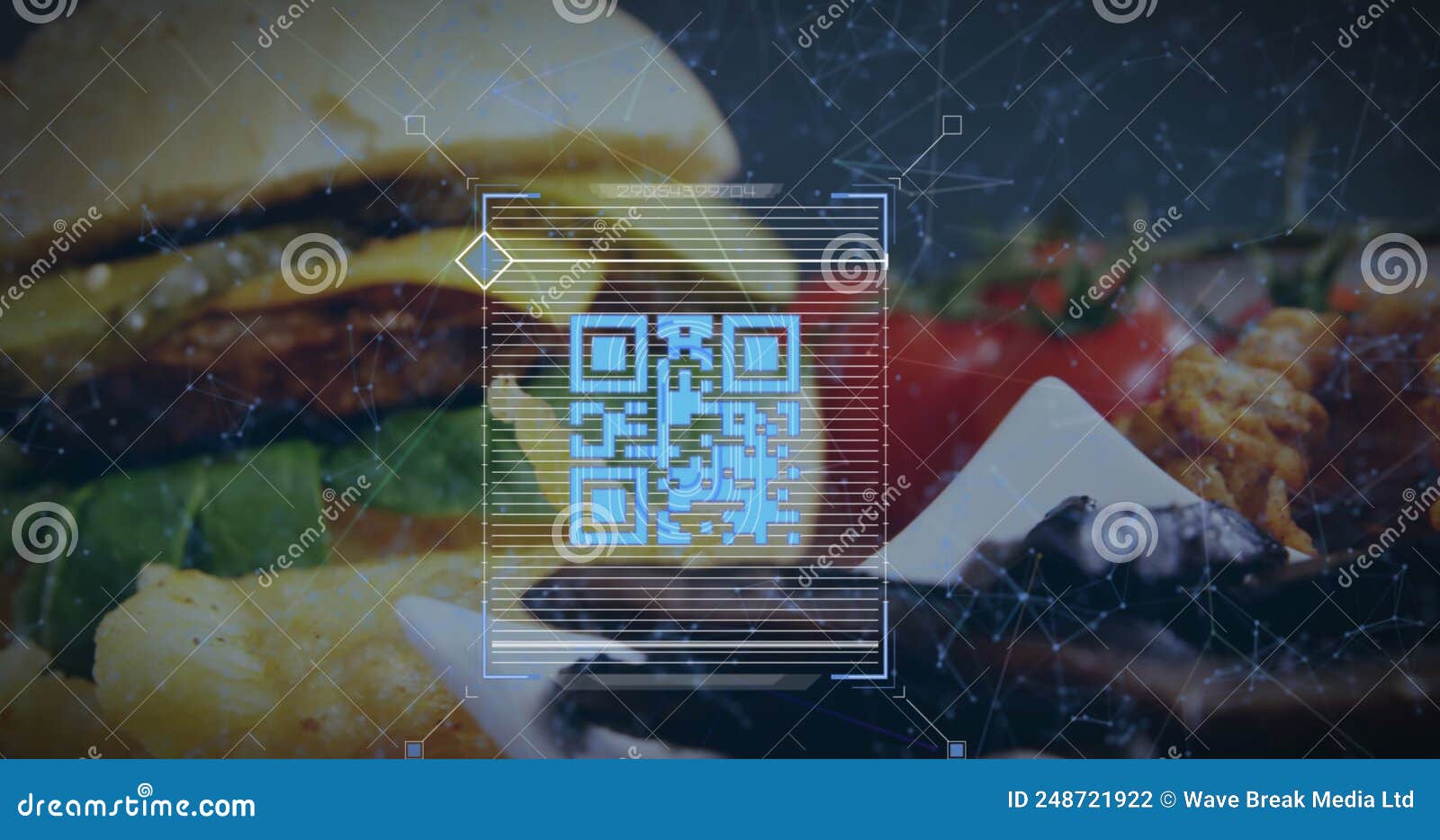Image of Blue QR Code with Web Connections Over Fast Food Meal Stock ...