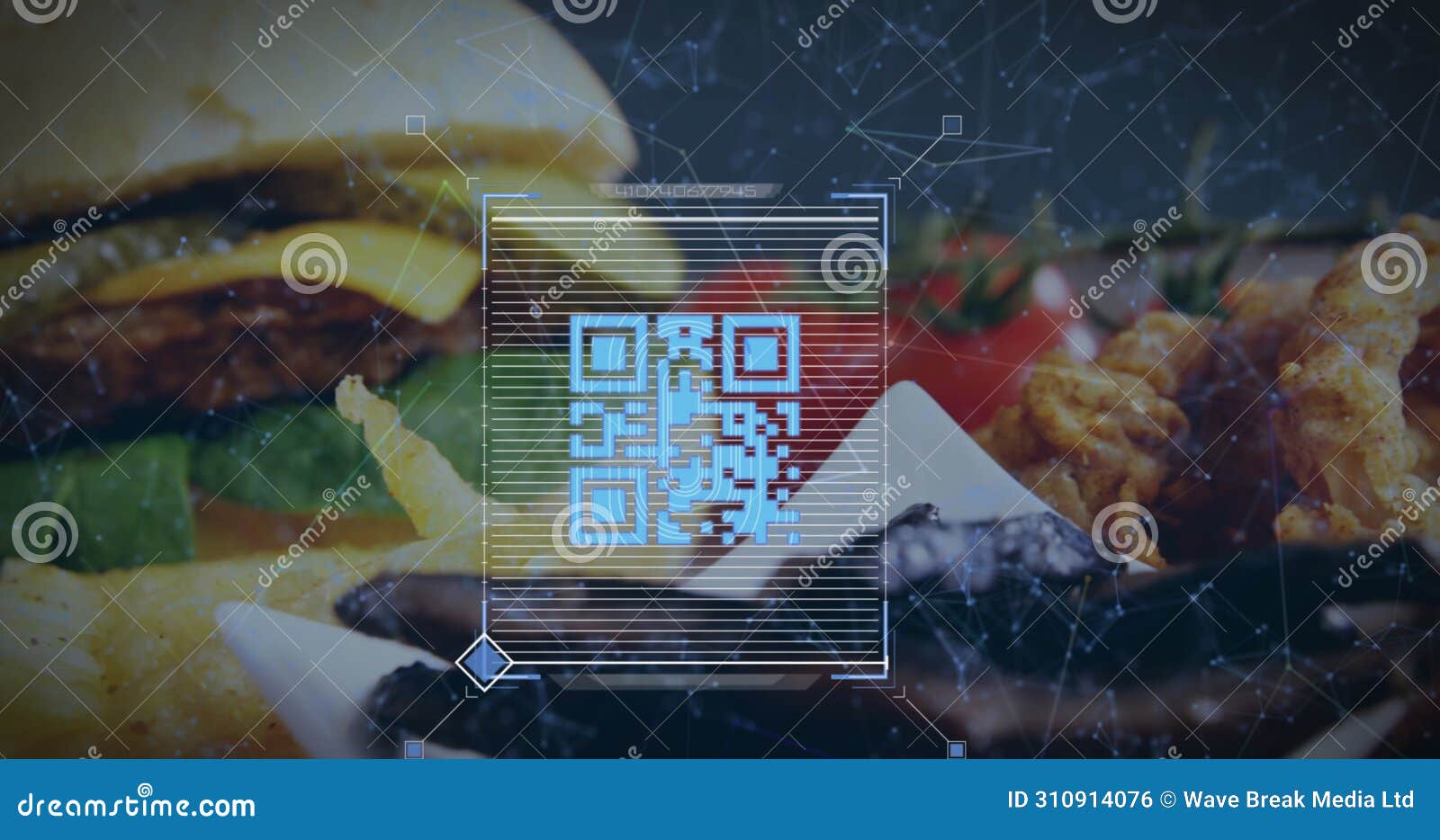 Image of a Blue QR Code with a Web of Connections Over a Fast Food Meal ...