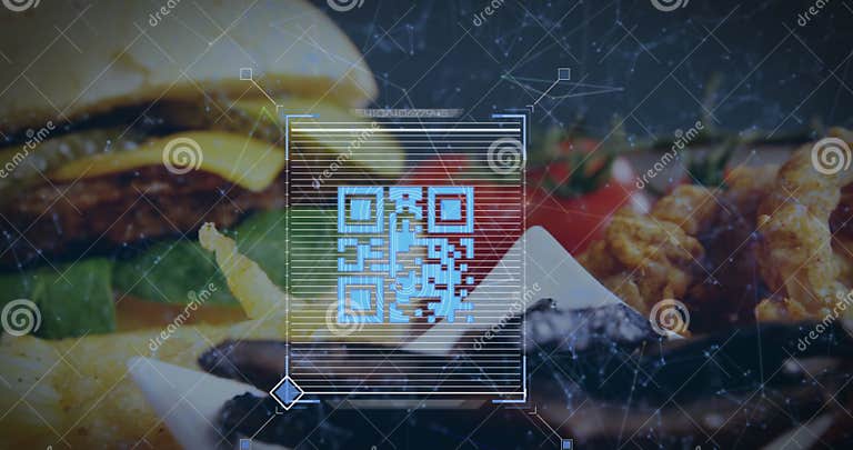 Image of a Blue QR Code with a Web of Connections Over a Fast Food Meal ...