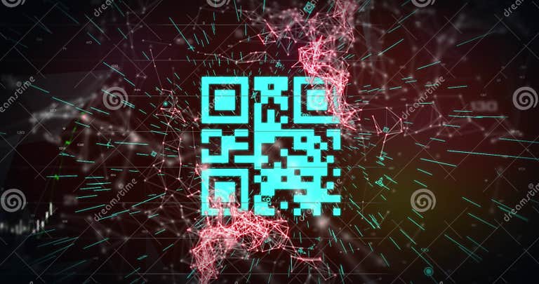 Image of a Blue QR Code with Webs of Connection Over a Blue Graph ...