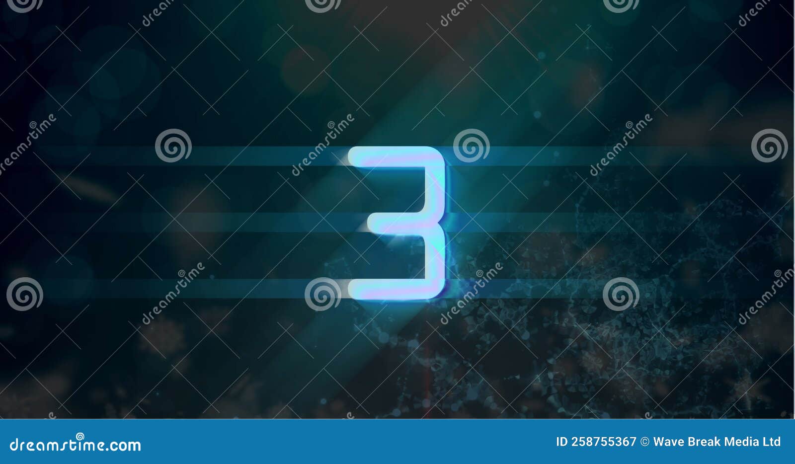 Image of Blue Retro Digital Number Three in Countdown with Screen Flare ...