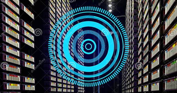 Image of Blue Round Scanner Spinning Against Computer Server Room Stock ...