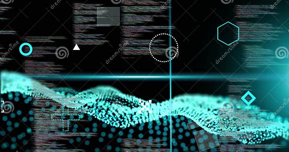 Image of Blue Scanner Beams, Rotating Shapes and Network Waves Over ...