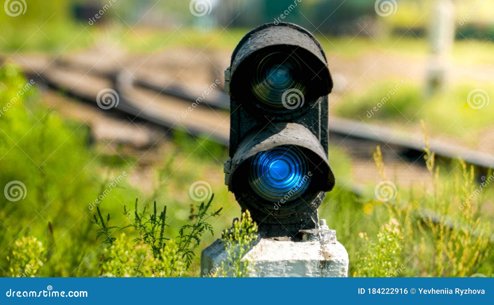 Photo of Blue Traffic Light or Semaphor on the Railroad Stock Photo ...
