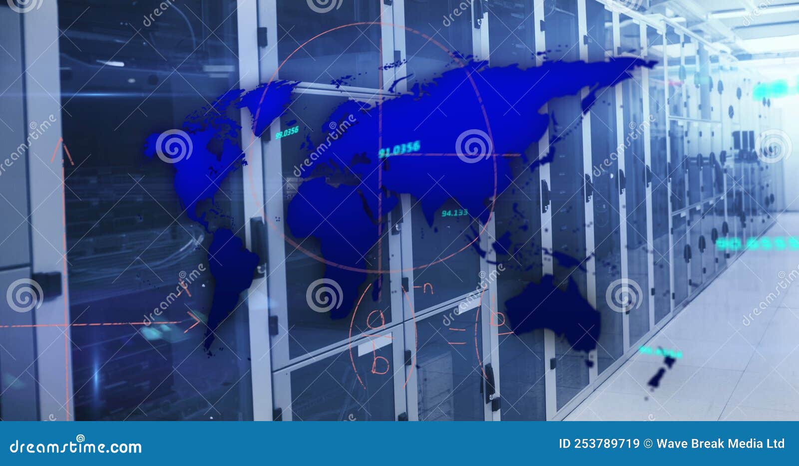 Image of Blue World Map, Processing Data and Maths Calculations Over ...