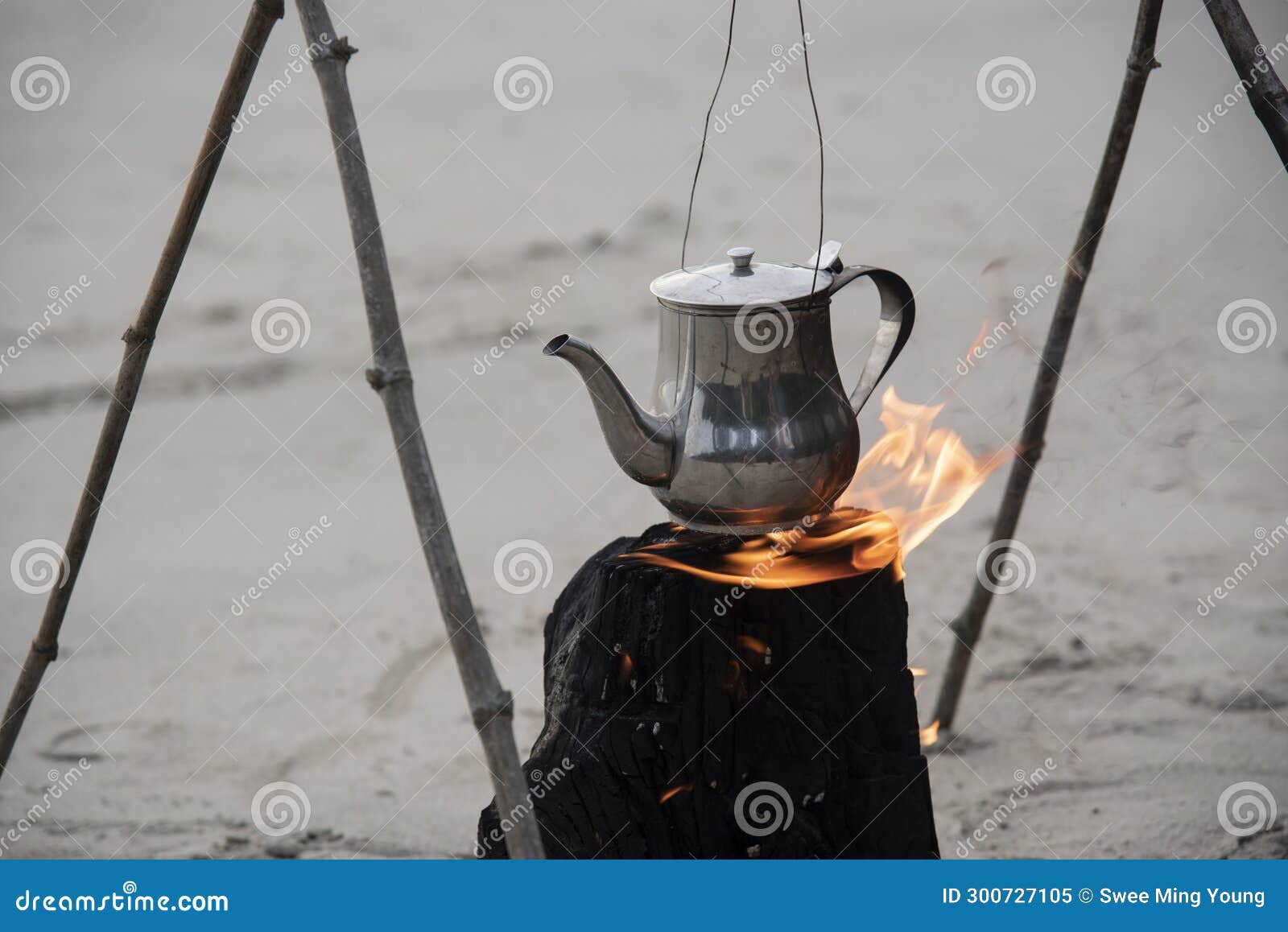 Boiling Water Kettle on Wood Campfire by Beach. Stock Image - Image of ...
