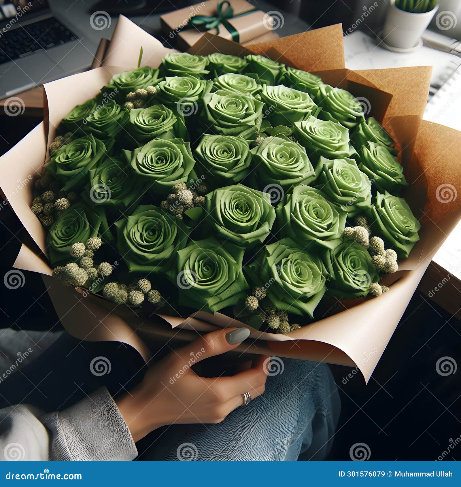 Image of a Bouquet of Many Green Roses in Wrapping Paper. Stock ...