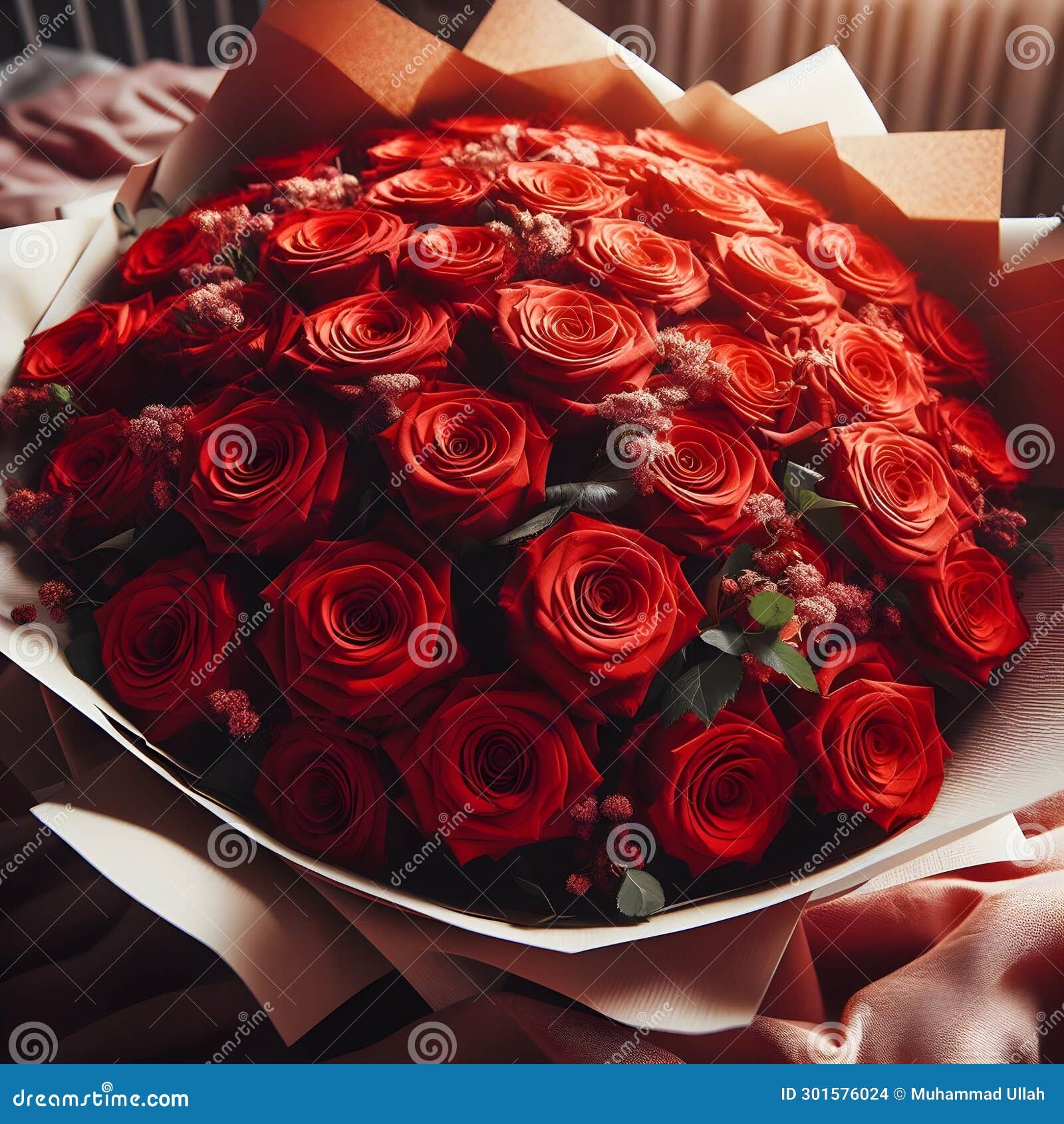 An Image Bouquet of Many Red Roses in Wrapping Paper. Stock ...