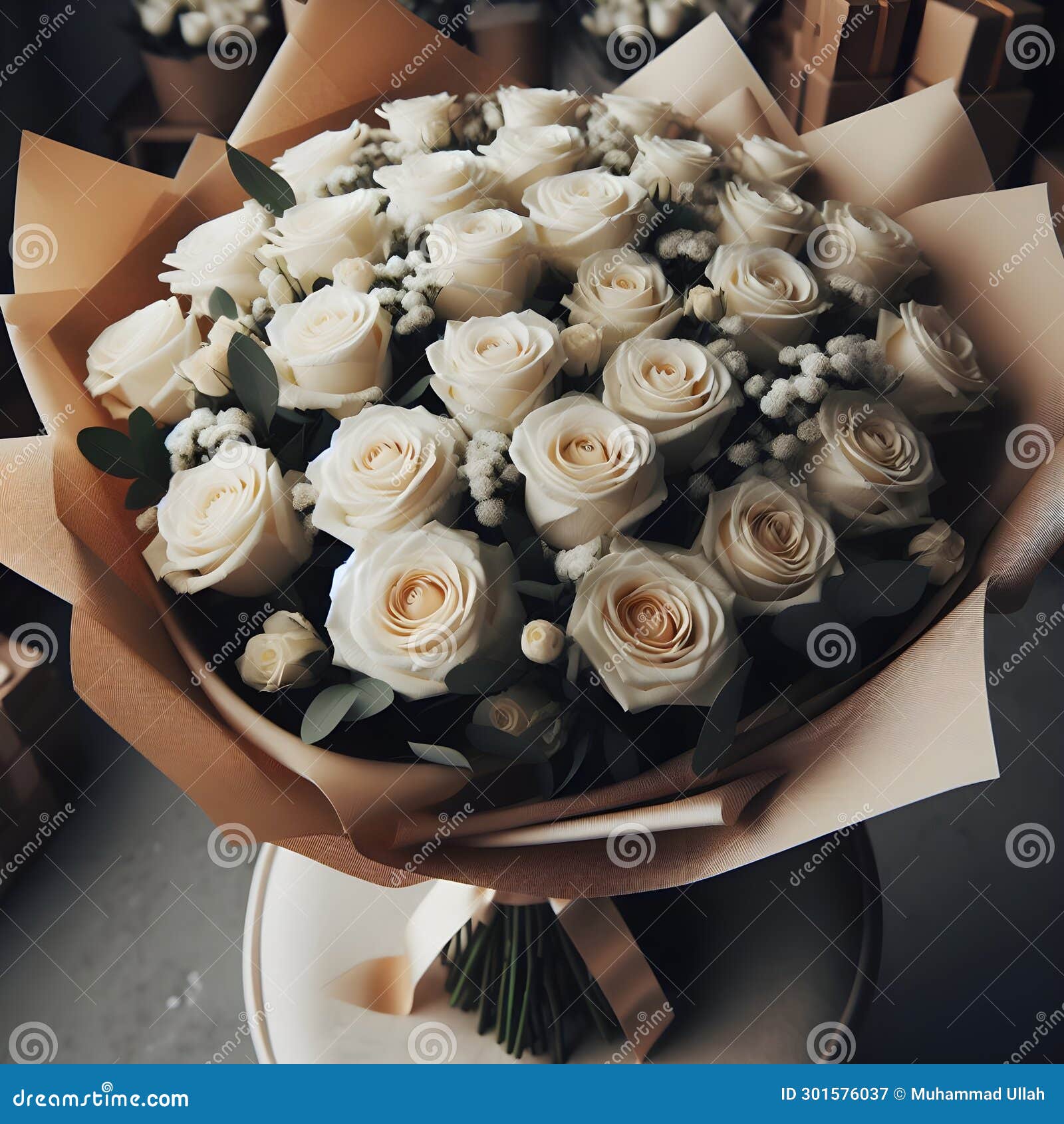 An Image Bouquet of Many White Roses in Wrapping Paper. Stock ...