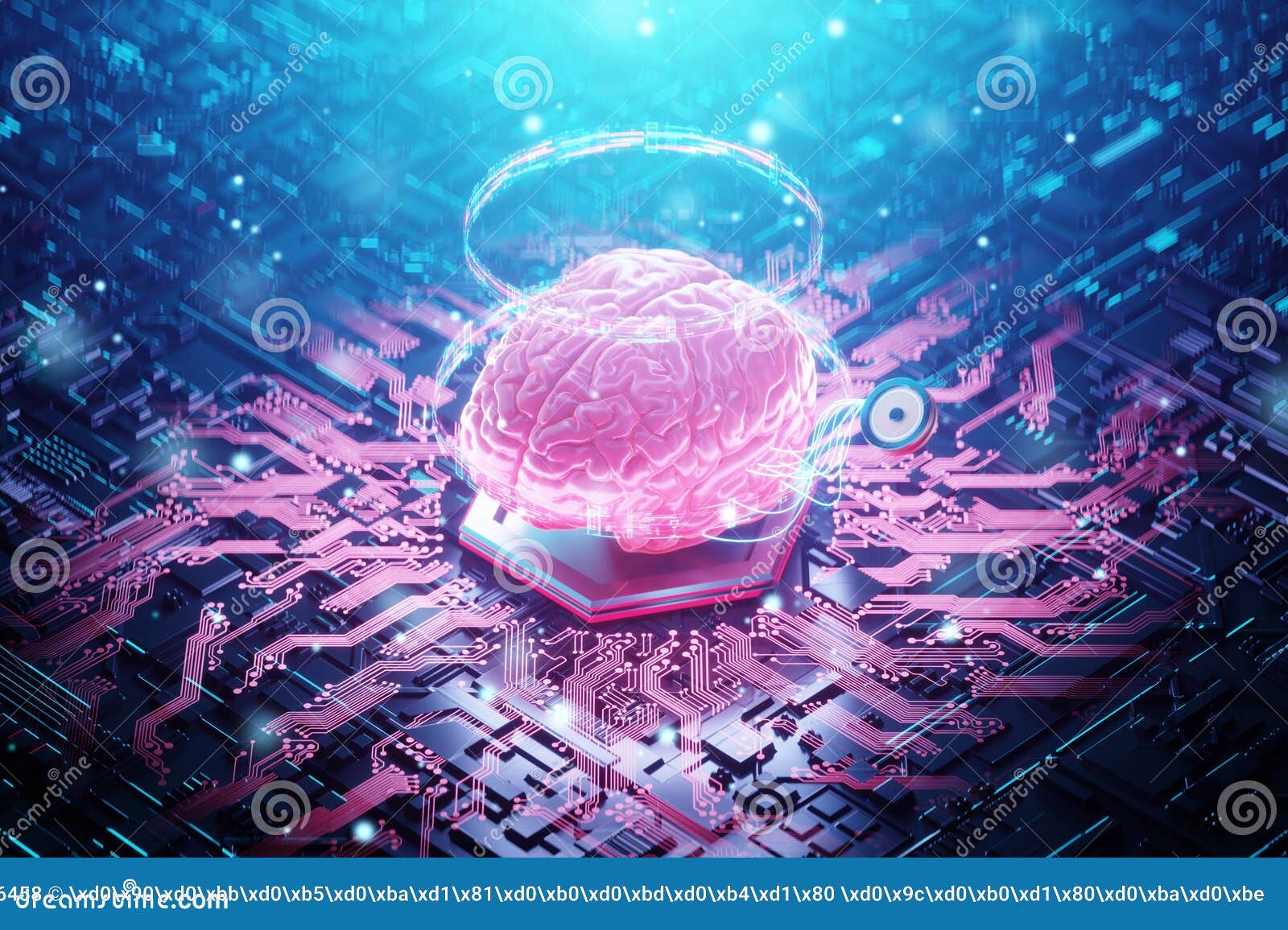 An Image of a Brain on a Dark Background and a Microchip Connected To ...