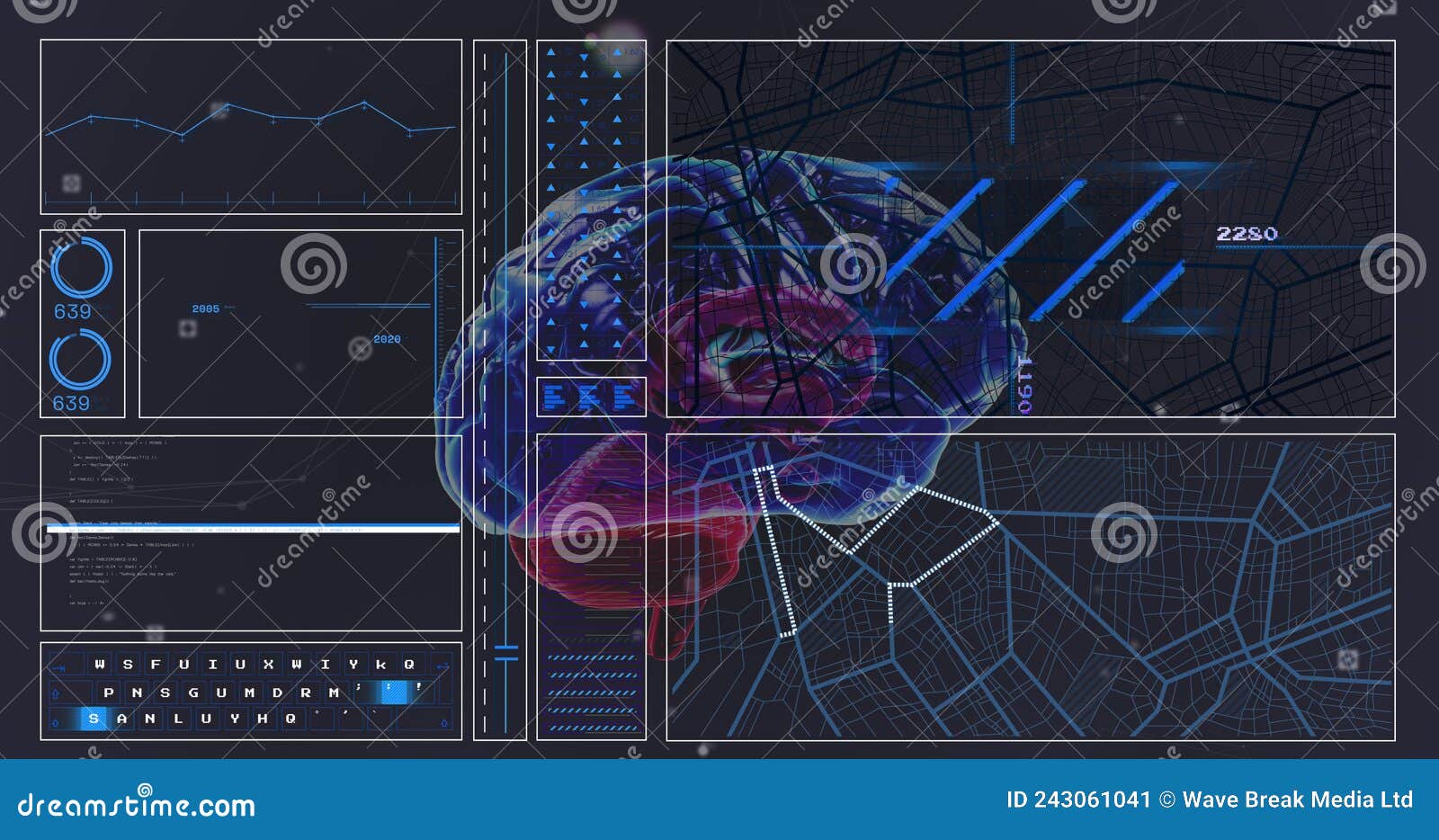 Image of Brain and Data Processing on Black Background Stock ...