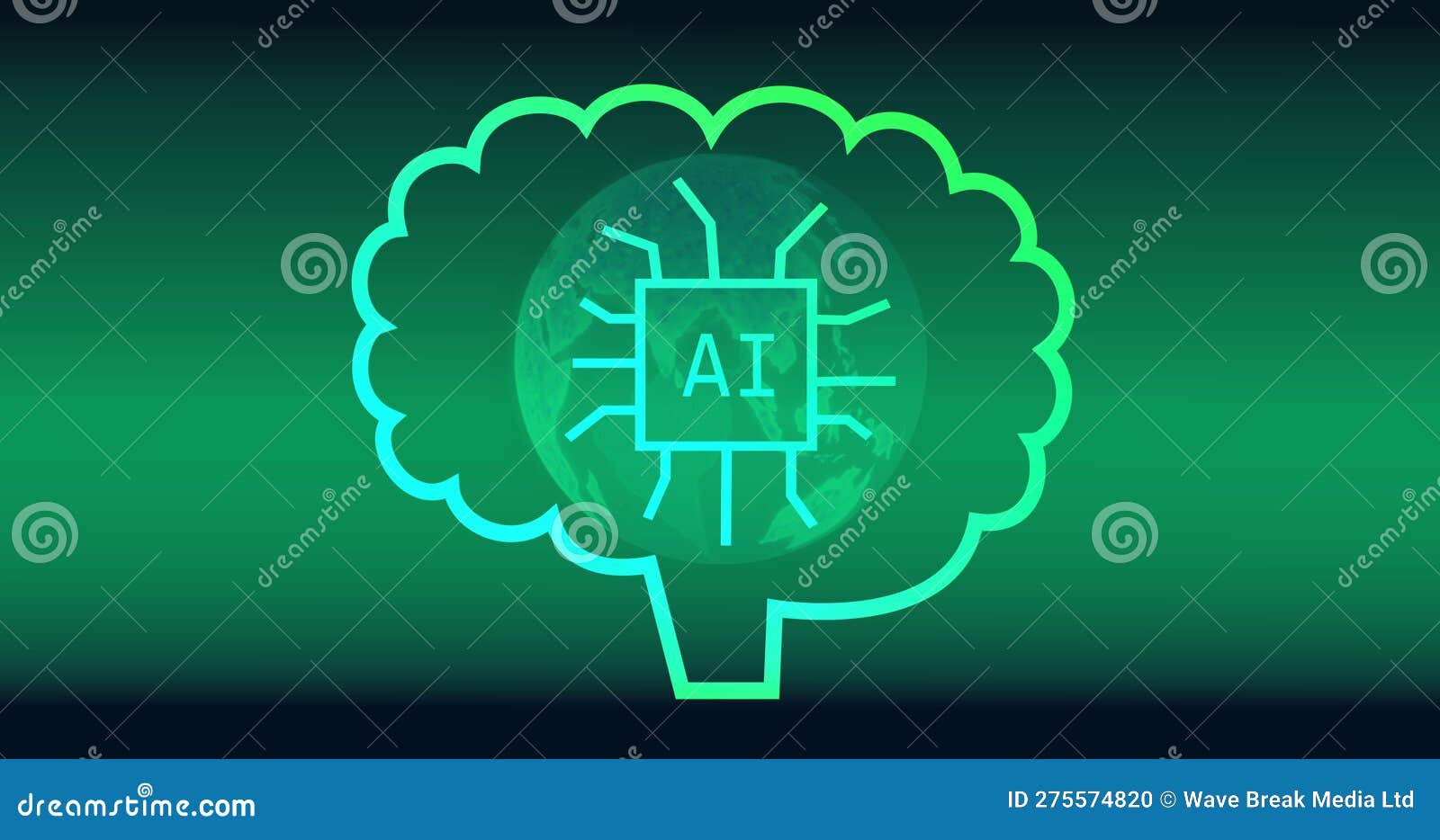 Image of Brain with Globe and Ai Text Over Landscape Icons on Blue ...