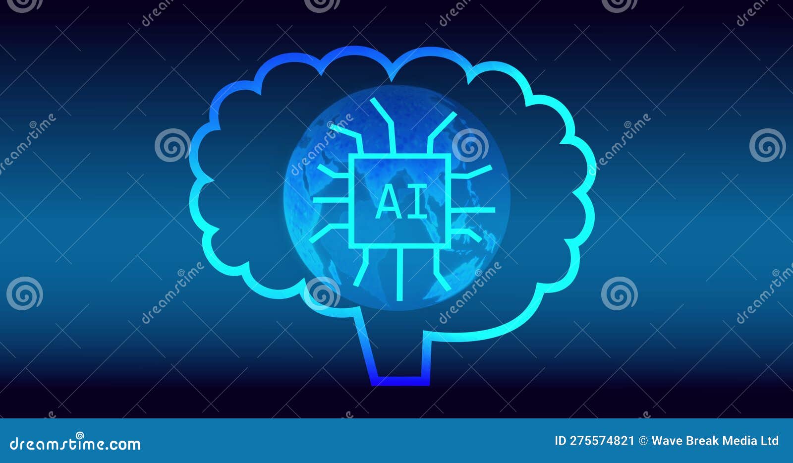 Image of Brain with Globe and Ai Text Over Landscape Icons on Blue ...