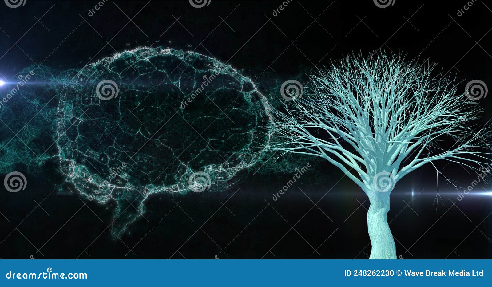 Image of Brain Rotating Over Black Background with Lights and Tree ...