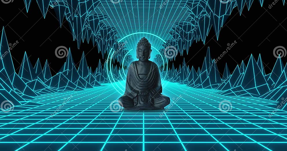 Image of Buddha Sculpture Over Neon Tunnel Metaverse Background Stock Illustration ...