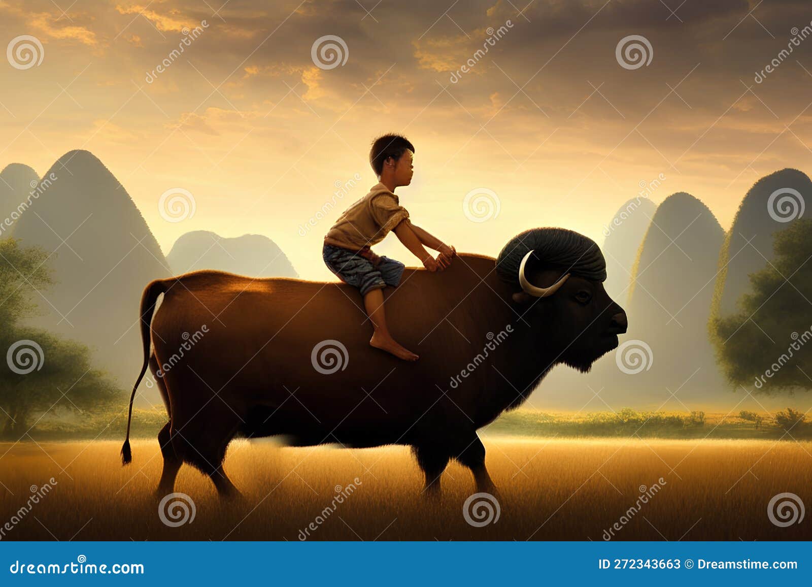 Image of the Buffalo Riding in the Agriculture Countryside As the Means ...