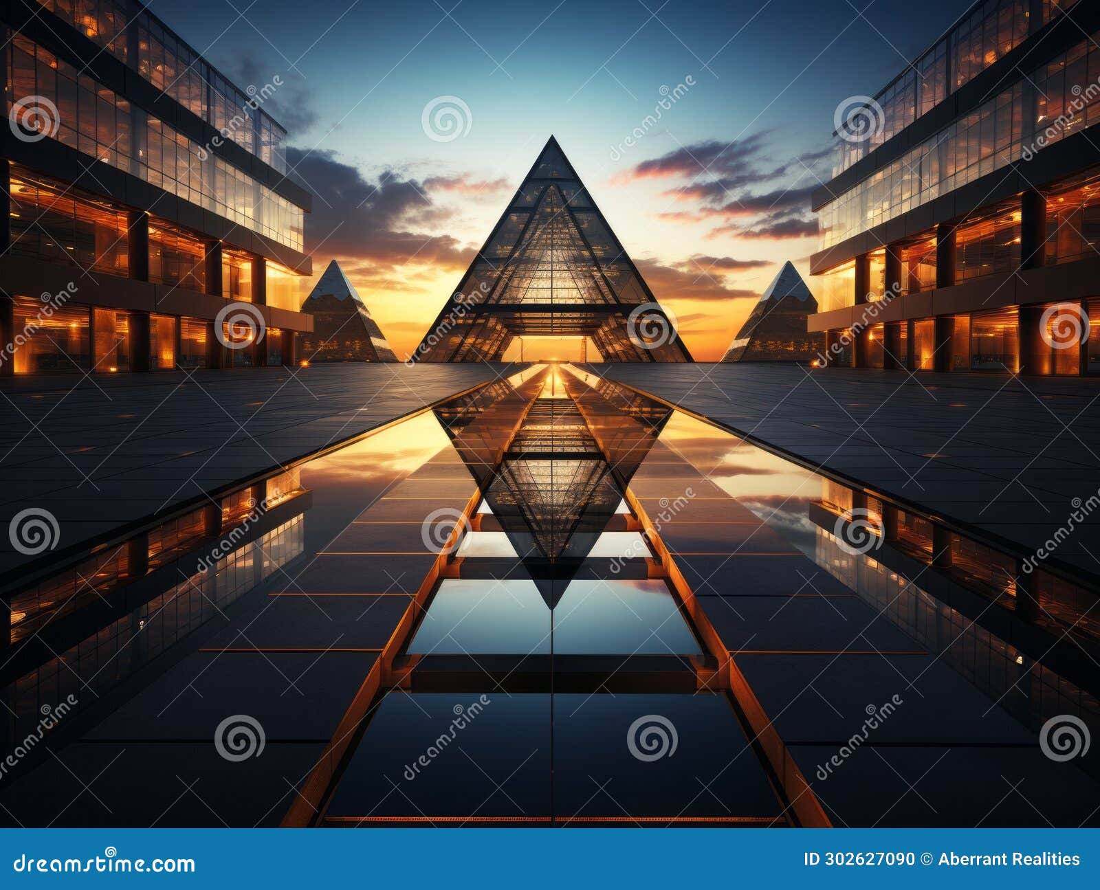 An Image of a Building at Sunset with a Pyramid in the Background Stock ...