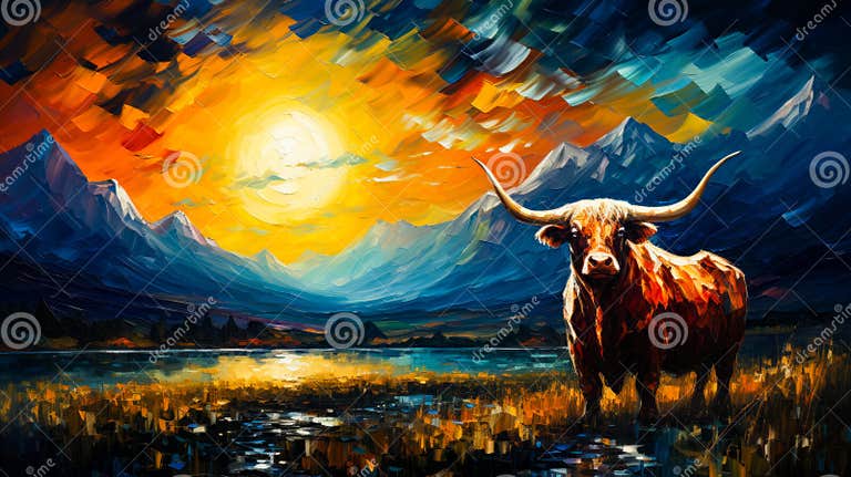 Image of Bull Standing in Front of Sunset. Generative AI Stock ...