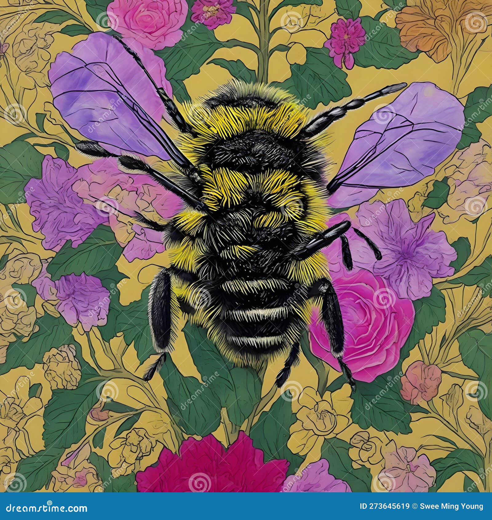 Image of the Bumble-bee Flying Around or Surround by Ornate Flowers ...