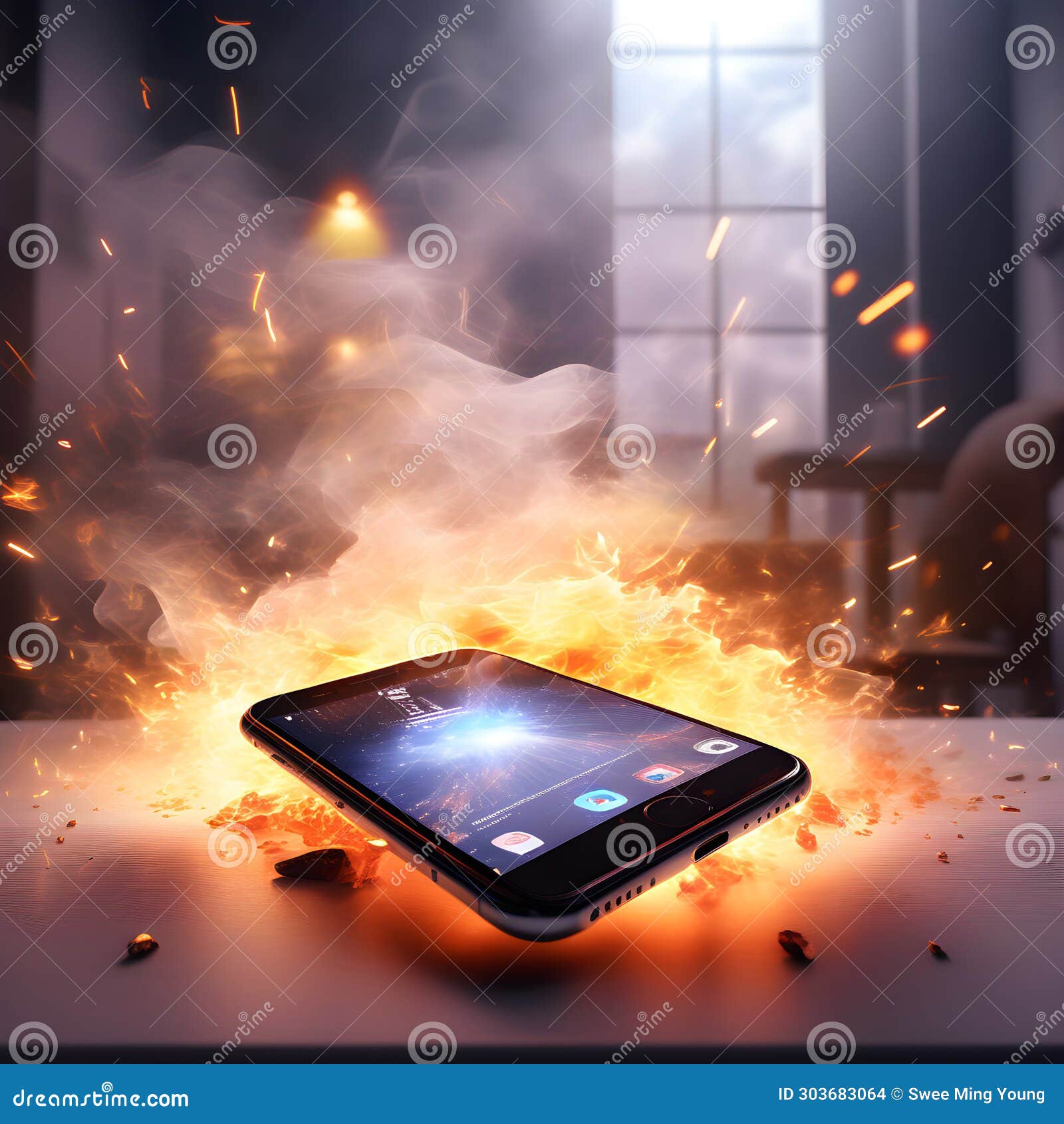 Image of a Burning Cellphone Smoke and Fire with a Burst of Particles ...