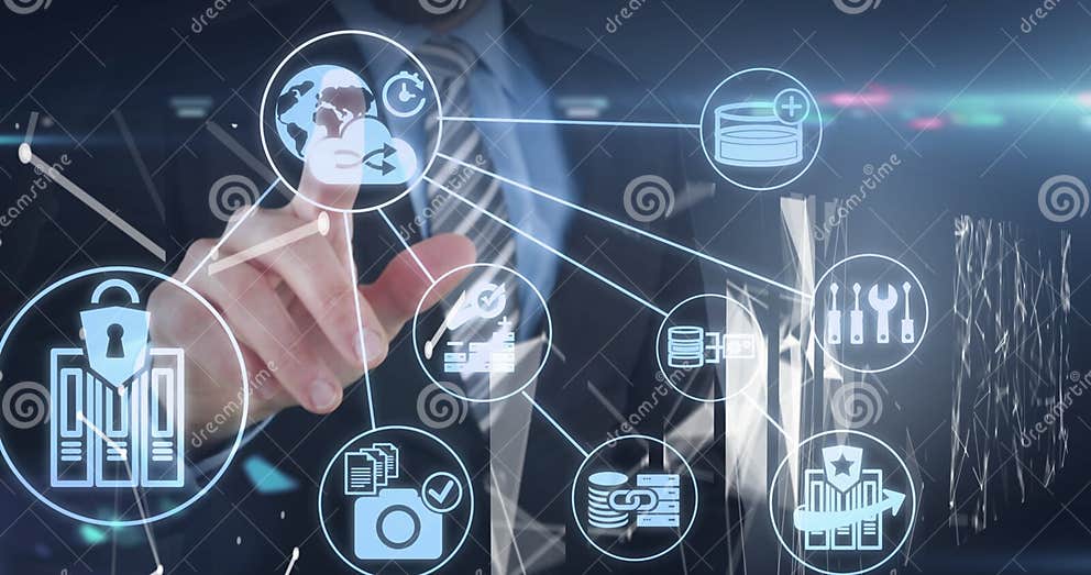 Image of Businessman Using Touchscreen with Network and Security Icons ...