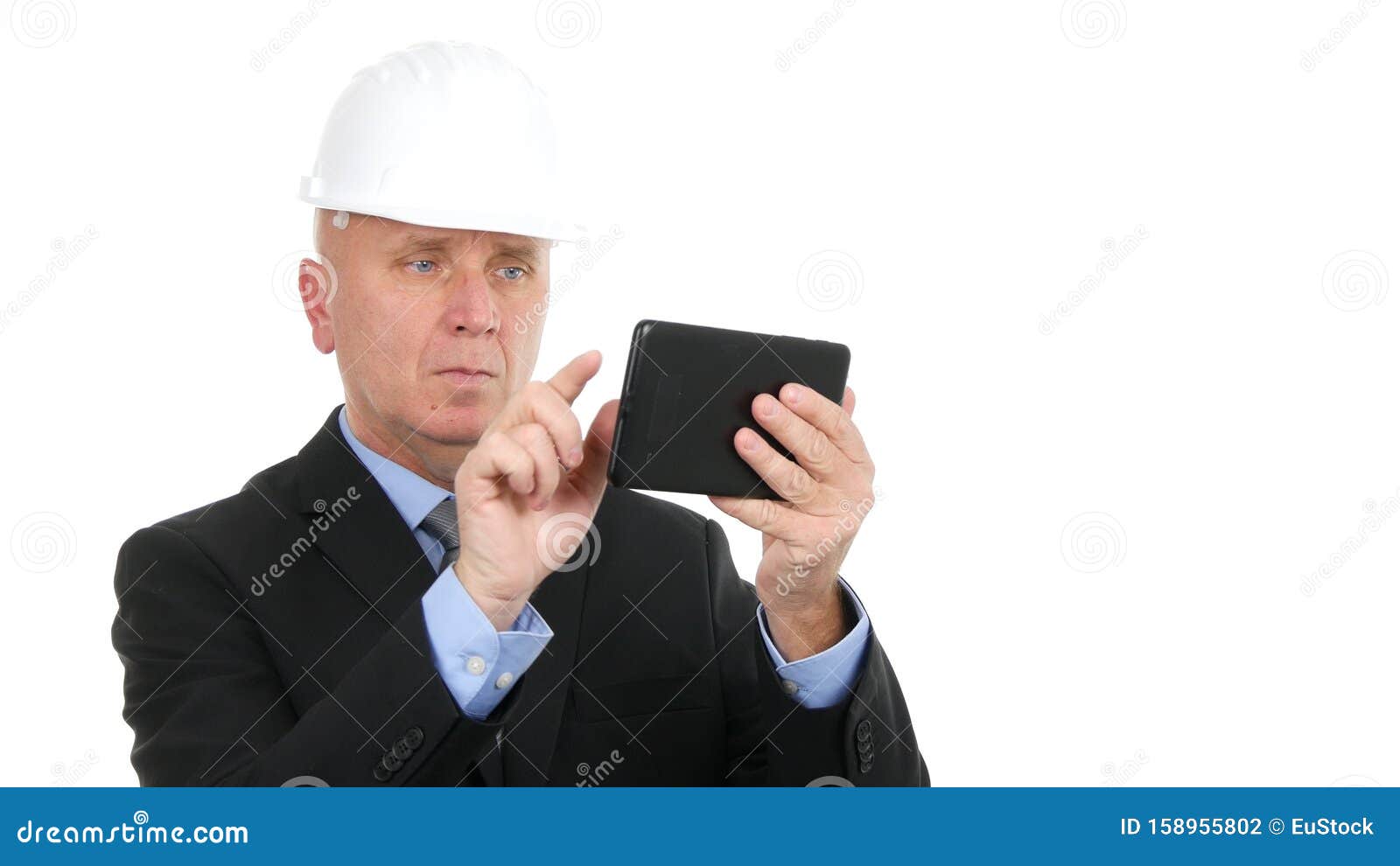 Image with Businessman Wearing Hardhat and Using Electronic Tablet ...