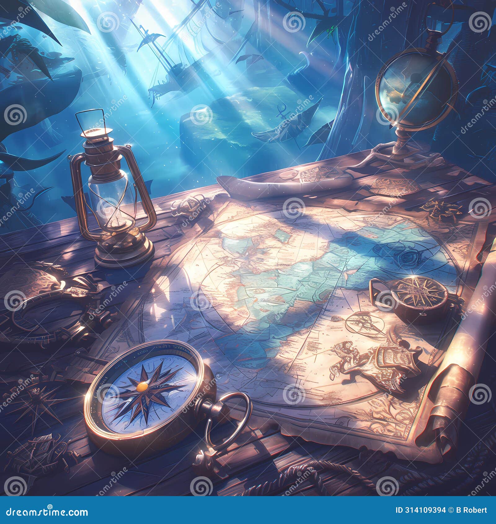 Mysterious Treasure Map on Table Stock Illustration - Illustration of ...