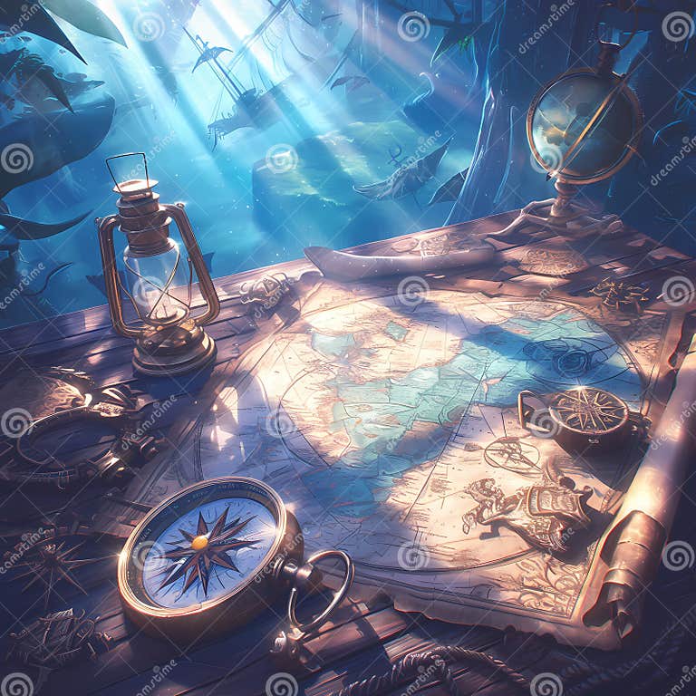 Mysterious Treasure Map on Table Stock Illustration - Illustration of ...