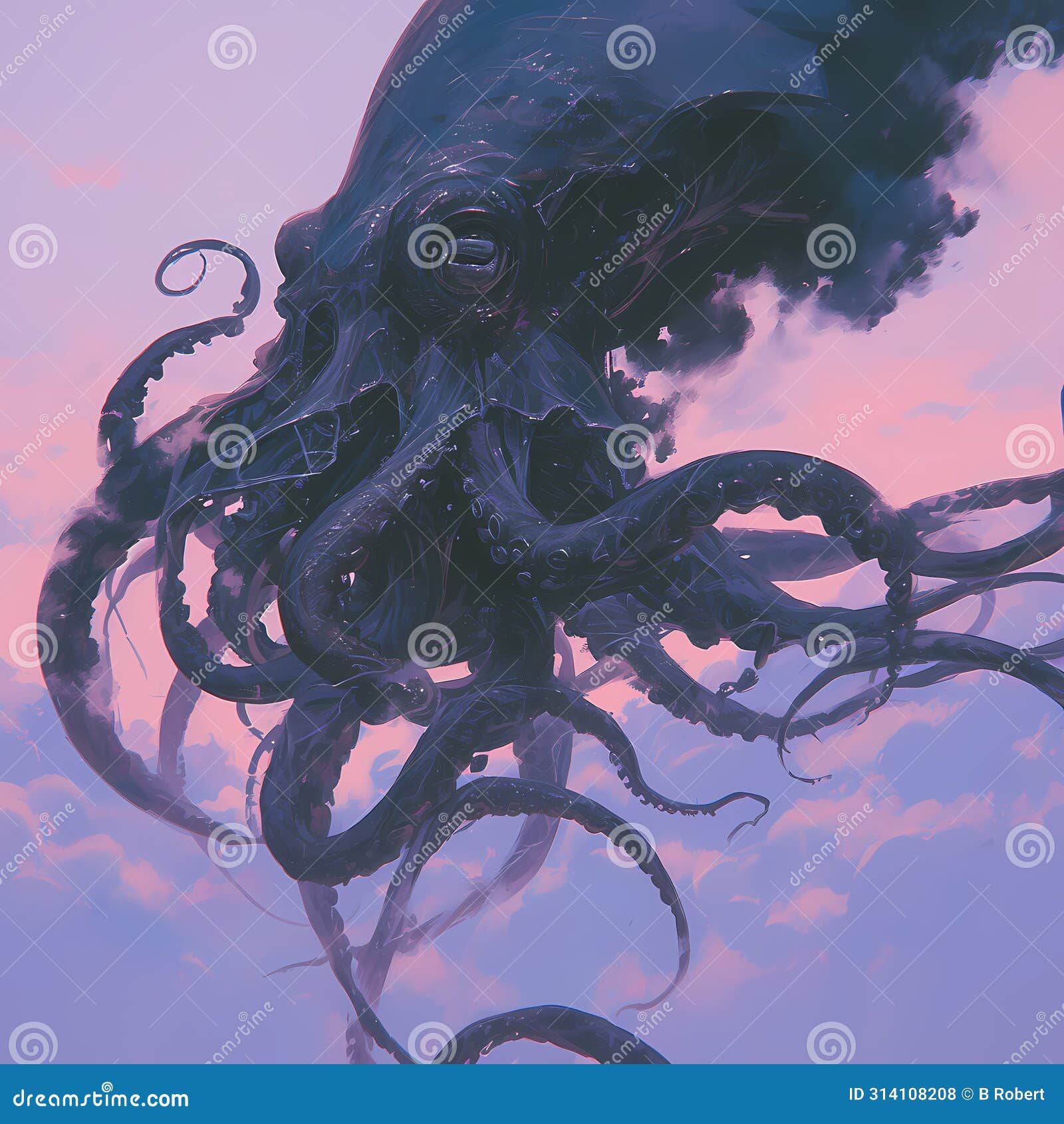 Giant Squid in Pink Sky stock illustration. Illustration of marine ...