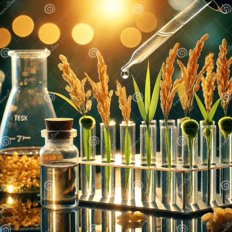 Rice Plant Biotechnology Experiment in Test Tubes with Droplet at ...