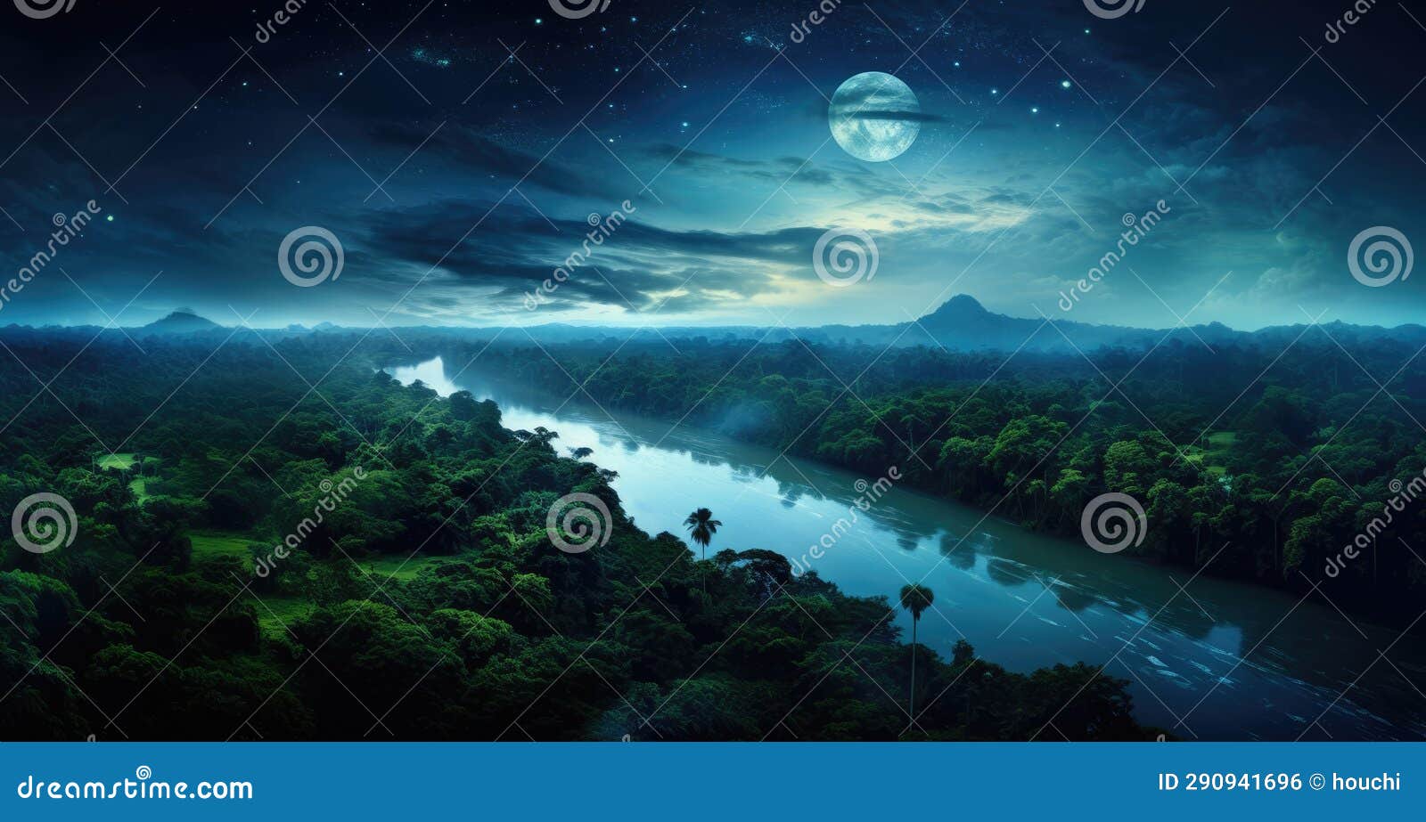 Night Full Moon Over the Amazon Forest. Areal View of the Vast Amazon ...