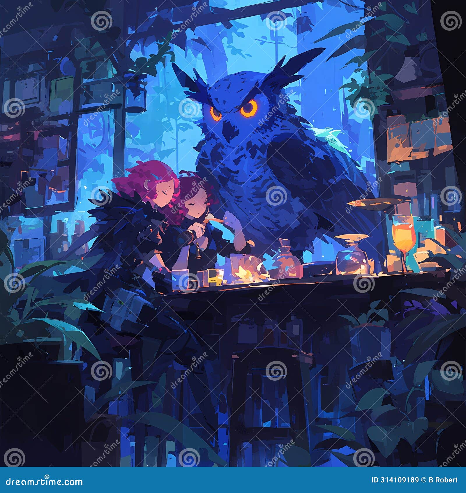 Owling at the Midnight Den stock illustration. Illustration of ...