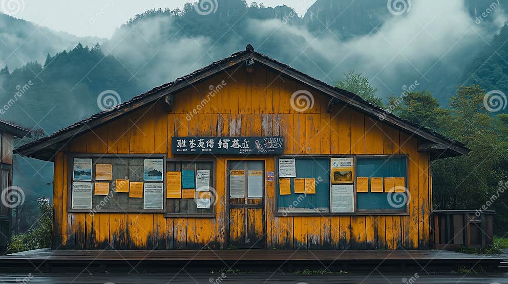 Quaint Yellow Train Station Against Misty Mountain Backdrop Stock ...