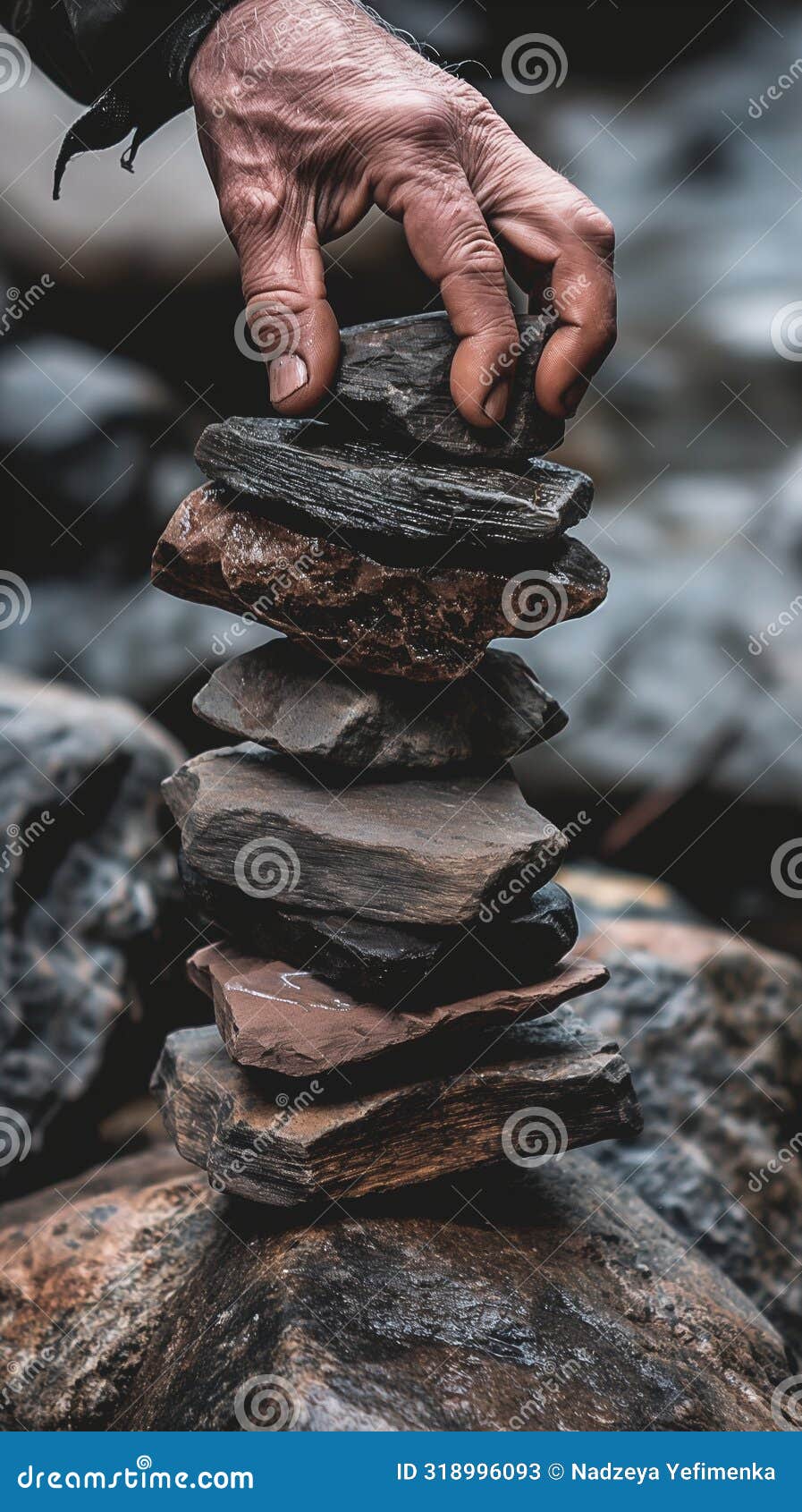 A Hand Balances Rough, Dark Stones in a Stack on a Rocky Riverbank ...