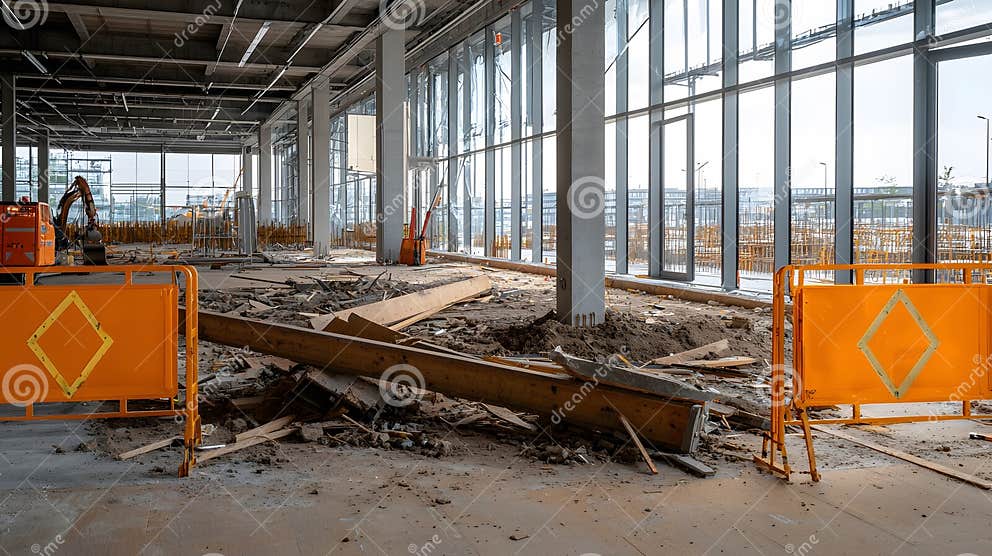 Unfinished Construction Site with Fallen Beam and Debris, Showcasing ...