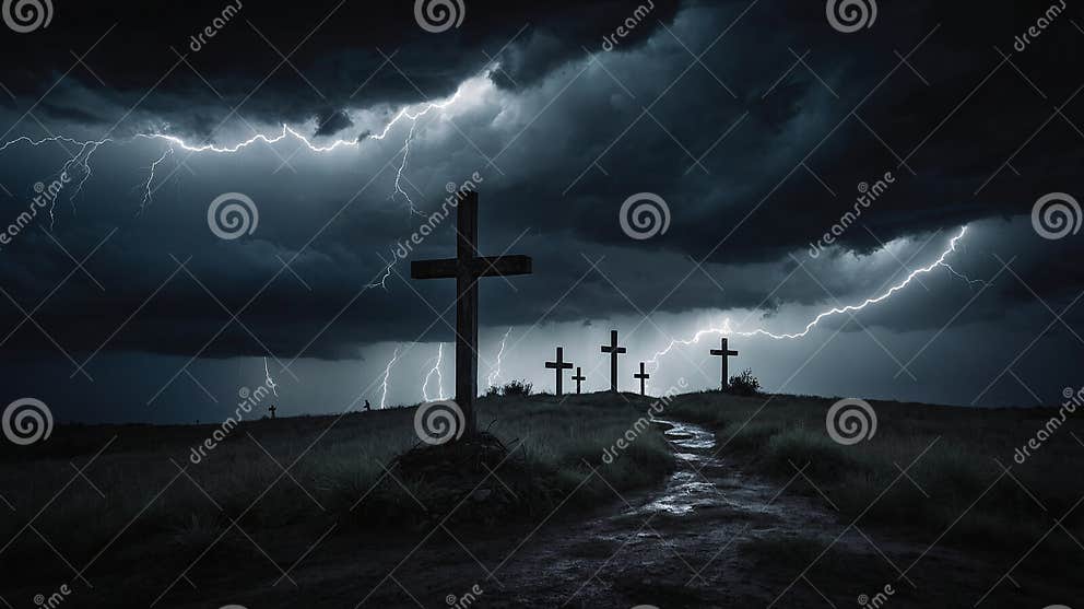Lightning Strikes Behind Crosses on a Hill Under a Dark, Stormy Sky ...