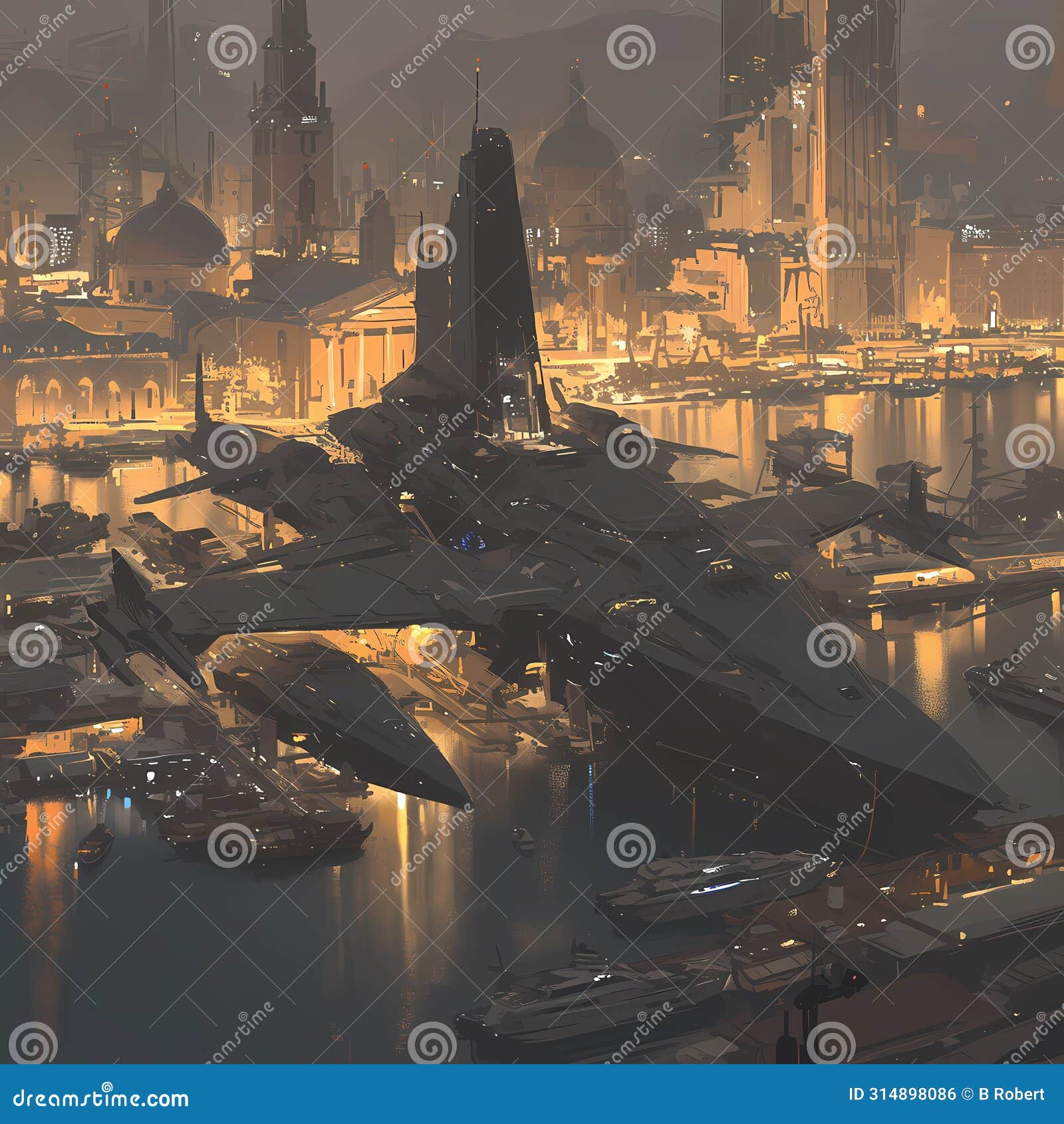 Futuristic Cityscape - High-tech Docking Area Stock Illustration ...