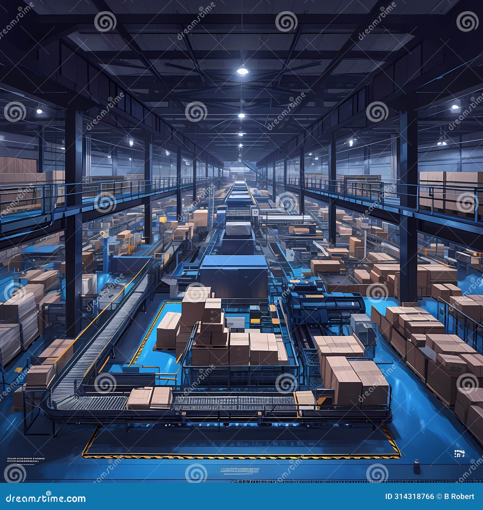 Gleaming Factory Floor with Endless Rows of Boxes and Shelves Stock ...