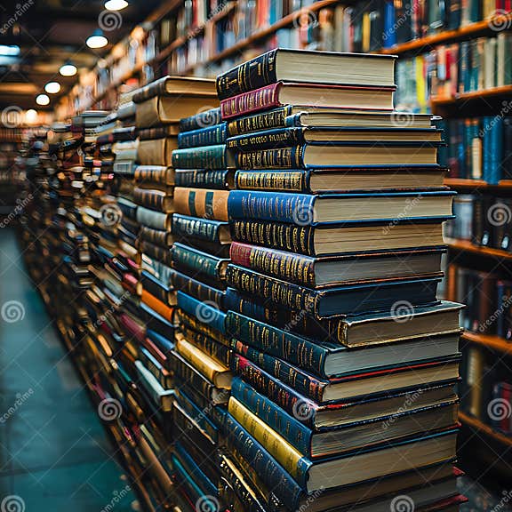 A Stack of Books in a Library Stock Illustration - Illustration of ...