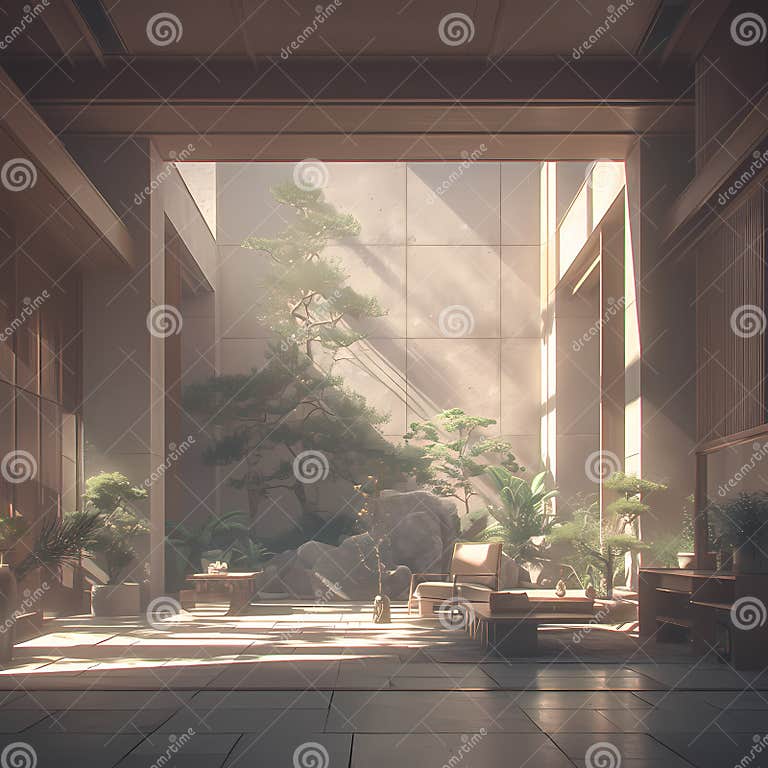 Modern Zen Garden Atrium stock illustration. Illustration of modern ...