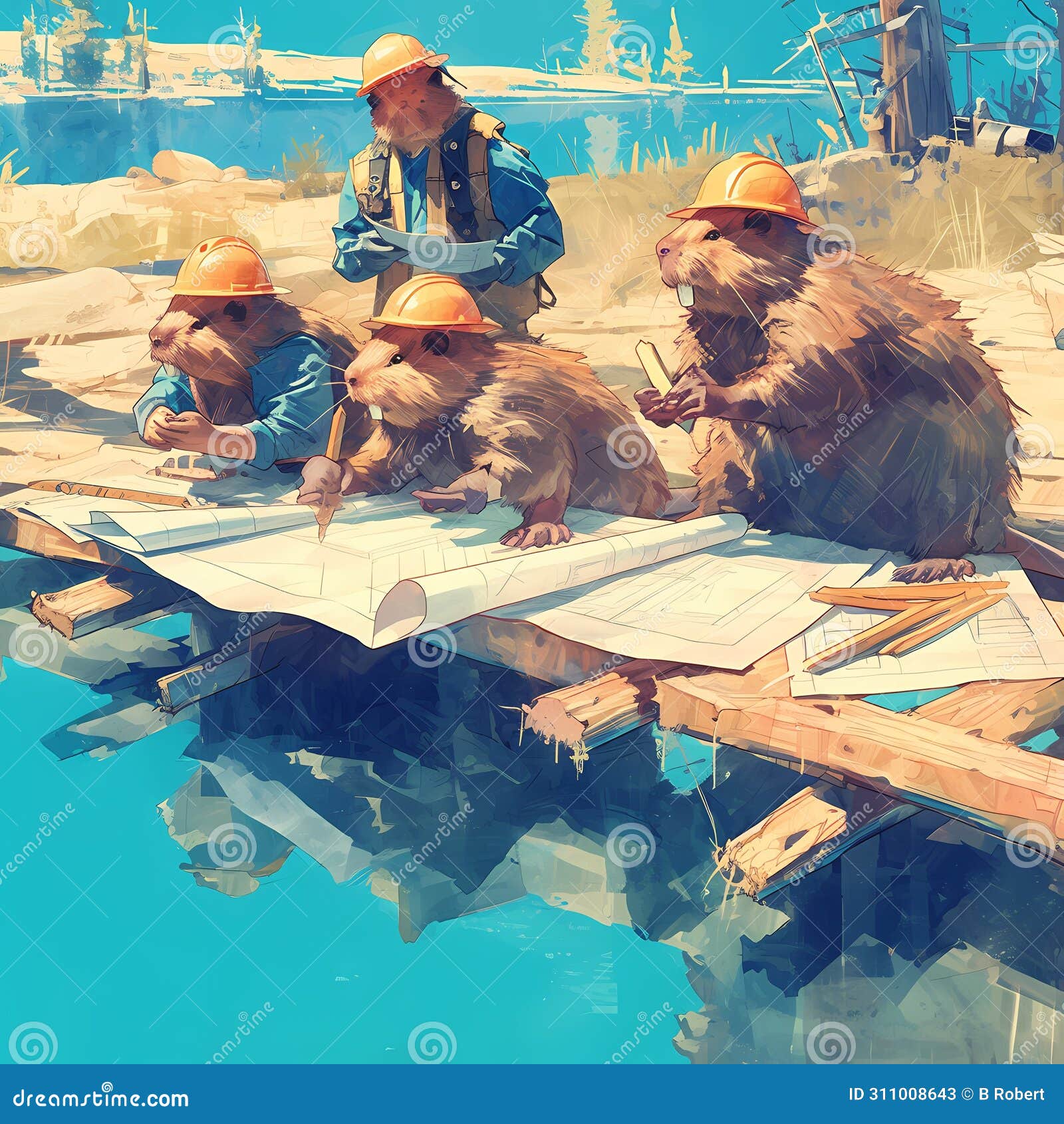 Hardworking Beavers Building a Bridge Stock Illustration - Illustration ...