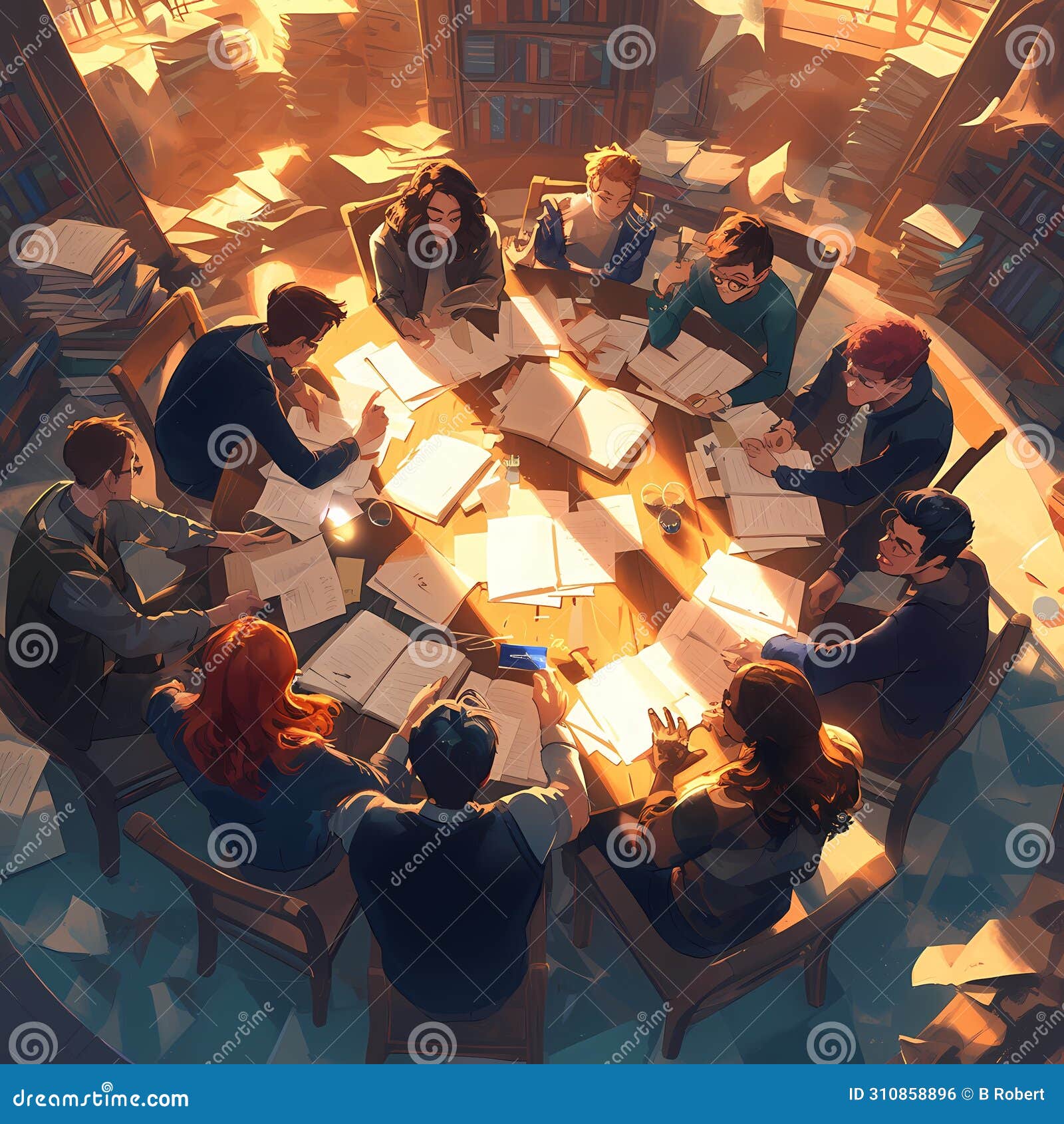 Engaged Collaboration in a Sunlit Library Stock Illustration ...